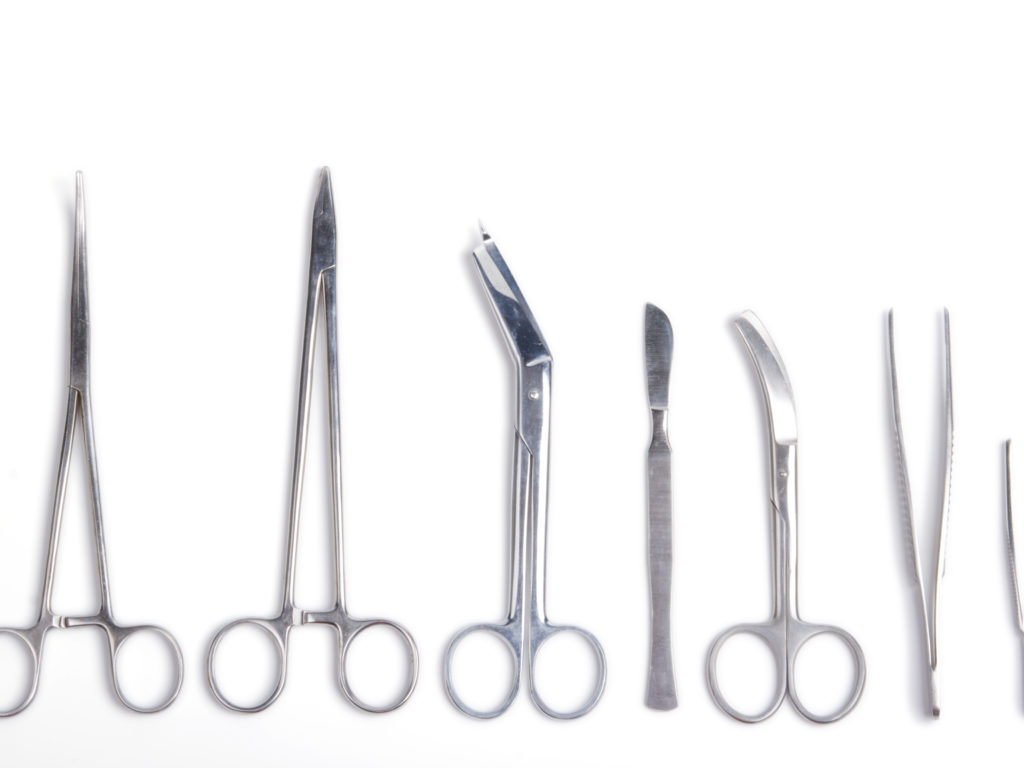 Surgeon tools – scalpel, forceps, clamps, scissors – isolated – SP ...